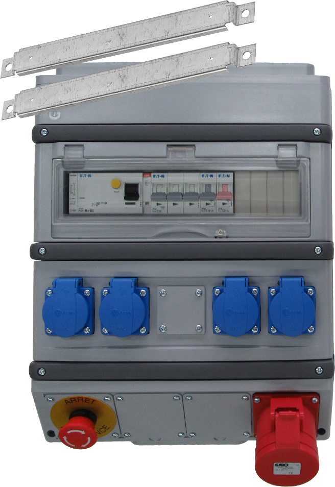 Coffret 4 PC MONO 10/16A + 1 PC TRI 32A + AU + voyant + fixations murales - CENCO